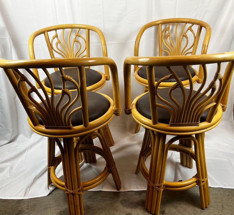 Ficks Reed Style Swivel Rattan Bar Stools-Set of Four For Sale at 1stDibs