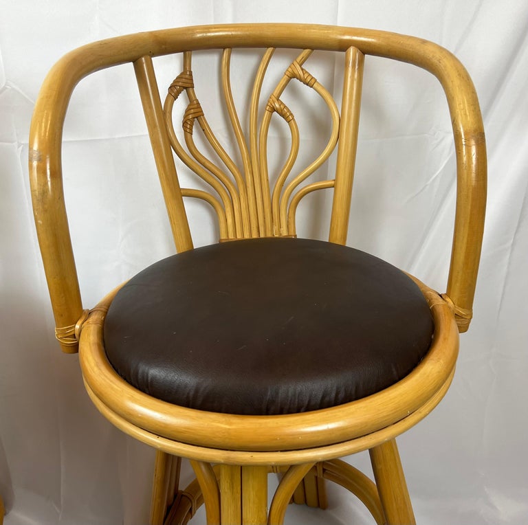 Ficks Reed Style Swivel Rattan Bar Stools-Set of Four For Sale at 1stDibs