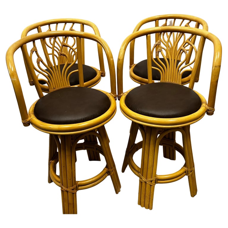 Ficks Reed Style Swivel Rattan Bar Stools-Set of Four For Sale at 1stDibs