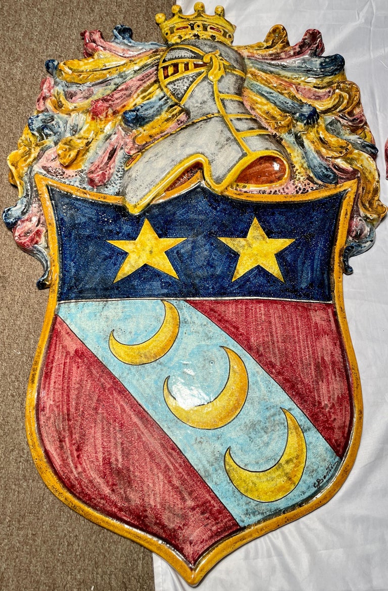 Set of Four French Faience Porcelain Colorful Coats of Arms Wall Panels ...