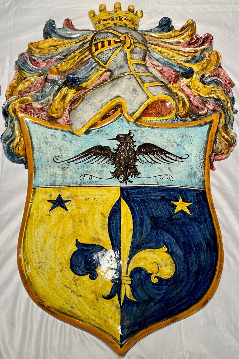 Set of Four French Faience Porcelain Colorful Coats of Arms Wall Panels ...