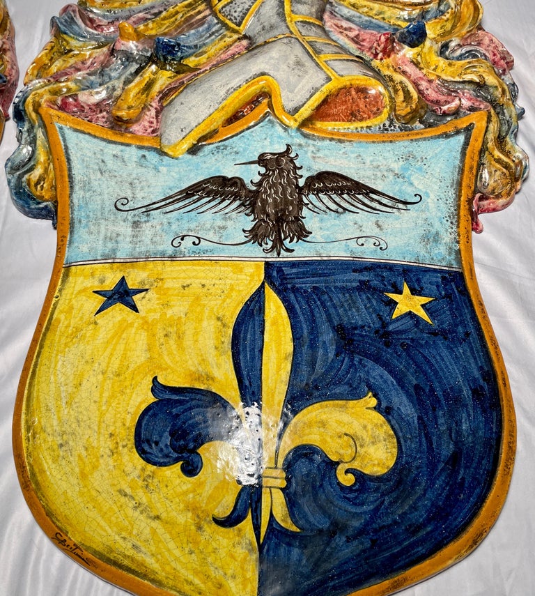 Set of Four French Faience Porcelain Colorful Coats of Arms Wall Panels ...