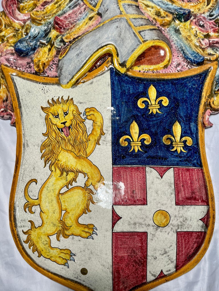 Set of Four French Faience Porcelain Colorful Coats of Arms Wall Panels ...