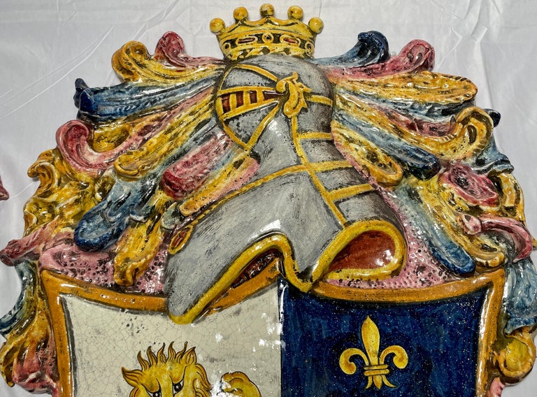 Set of Four French Faience Porcelain Colorful Coats of Arms Wall Panels ...