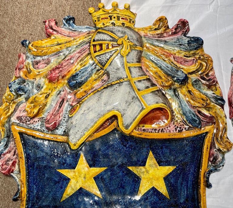 Set of Four French Faience Porcelain Colorful Coats of Arms Wall Panels ...