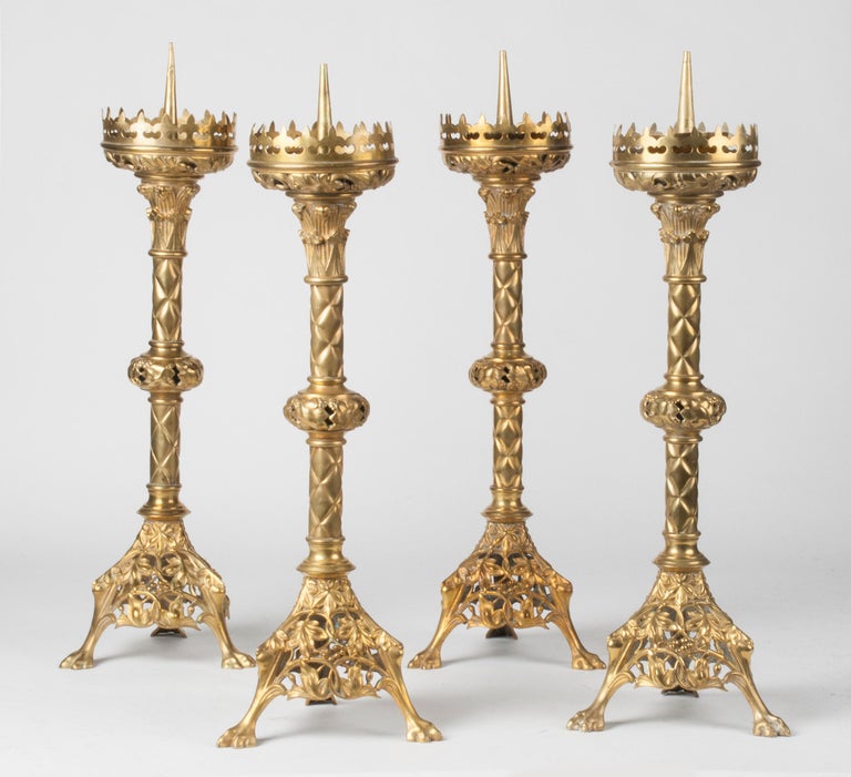 Set of Four French Gilt Bronze Candlesticks Gothic Style End of the ...