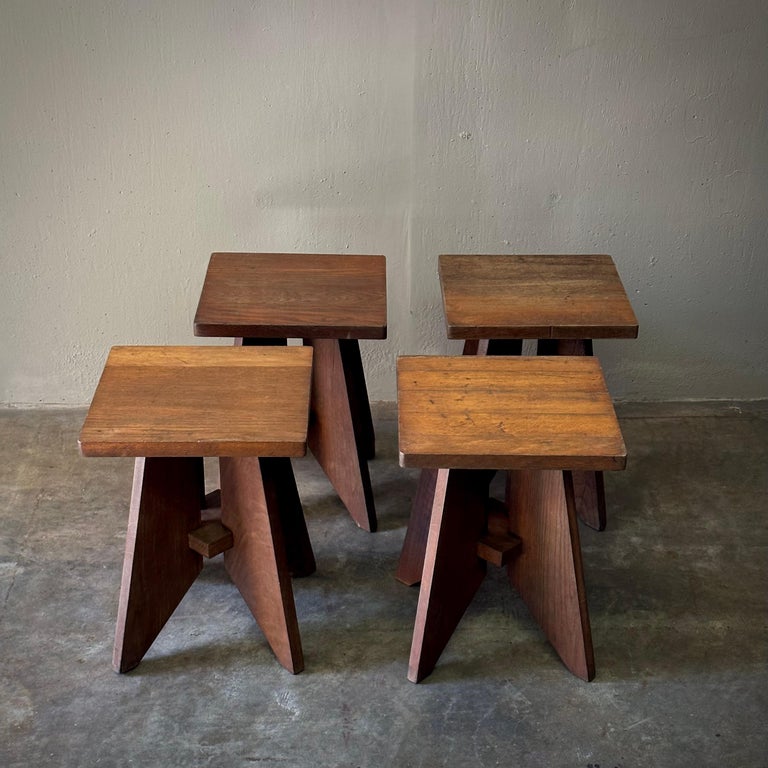 Set of Four French Mid-Century Wood Stools For Sale at 1stDibs