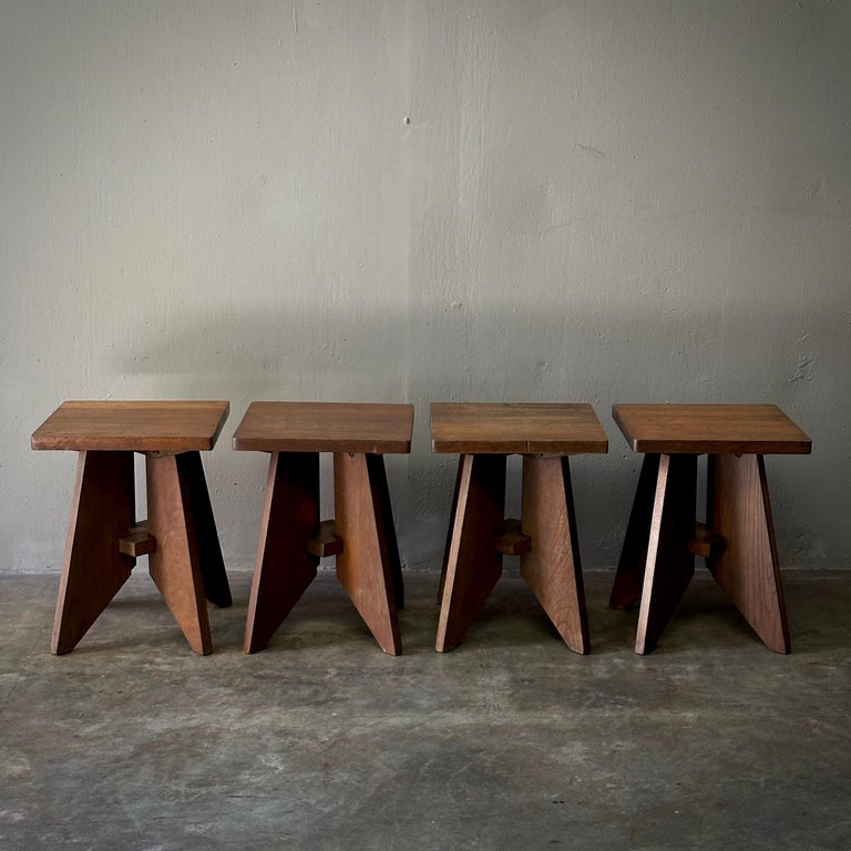 Set of Four French Mid-Century Wood Stools For Sale at 1stDibs