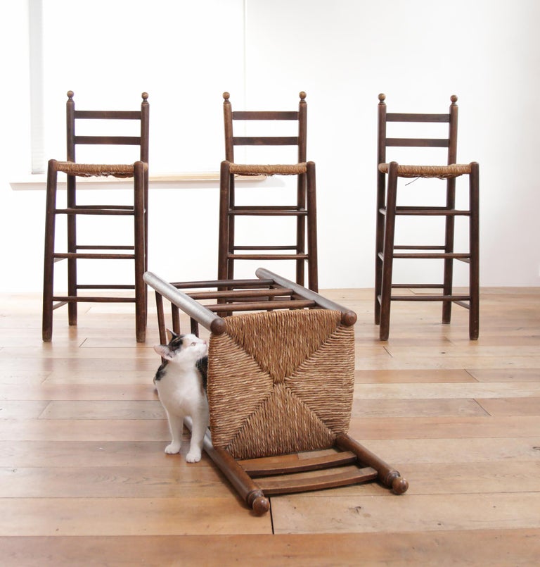 Set of Four French Oak Barstools with Rush Seats in Style of Charles ...
