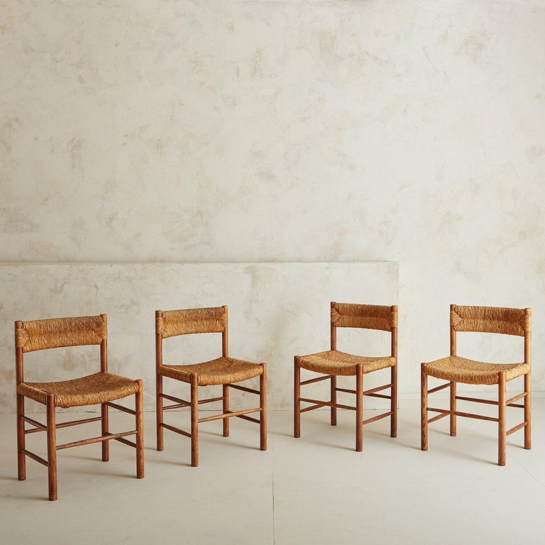 Set of Four French Wood and Rush Dining Chairs in the Style of Robert ...