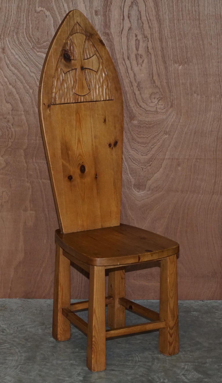 Set of Four Gothic Celtic Style Large Pitch Pine Dining Chairs with ...