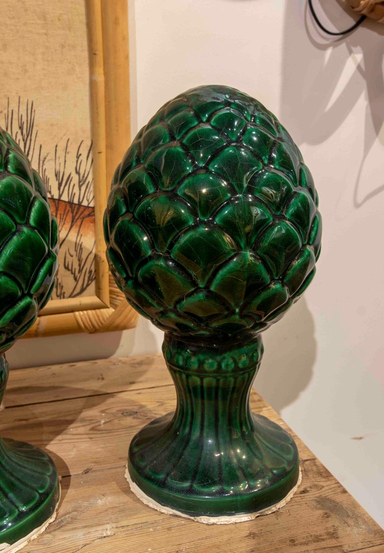 Set of Four Green Glazed Ceramic Finials in the Shape of Pineapples For ...