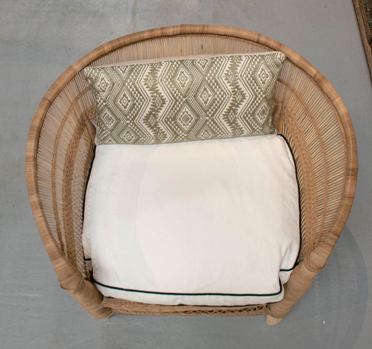 Set of Four Hand Woven Rattan Wooden Upholstered Armchairs For Sale at ...