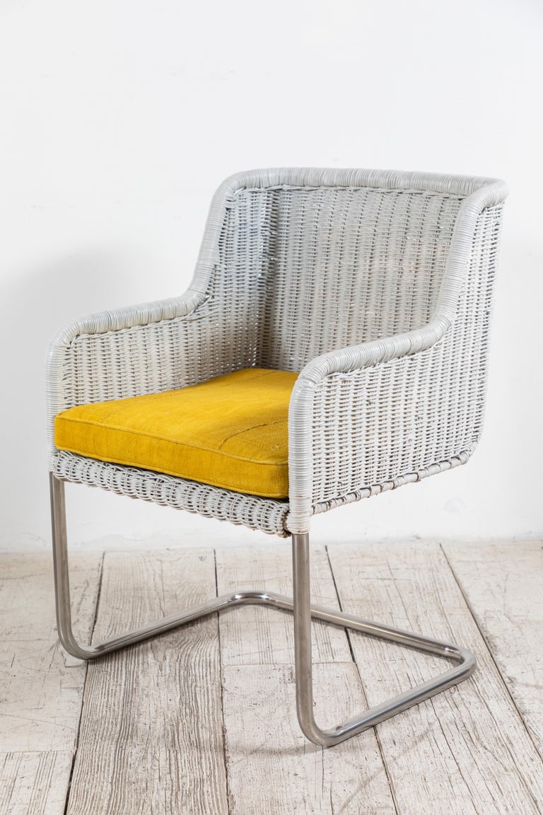 Set of Four Harvey Probber Style White Wicker Chairs with Yellow ...