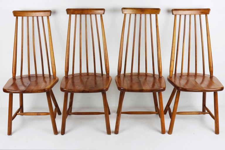 Set of Four High Spindle Back Chairs by Pastoe in Solid Wood Dutch ...