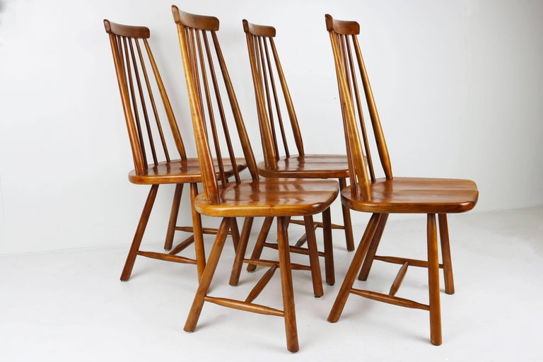 Set of Four High Spindle Back Chairs by Pastoe in Solid Wood Dutch ...