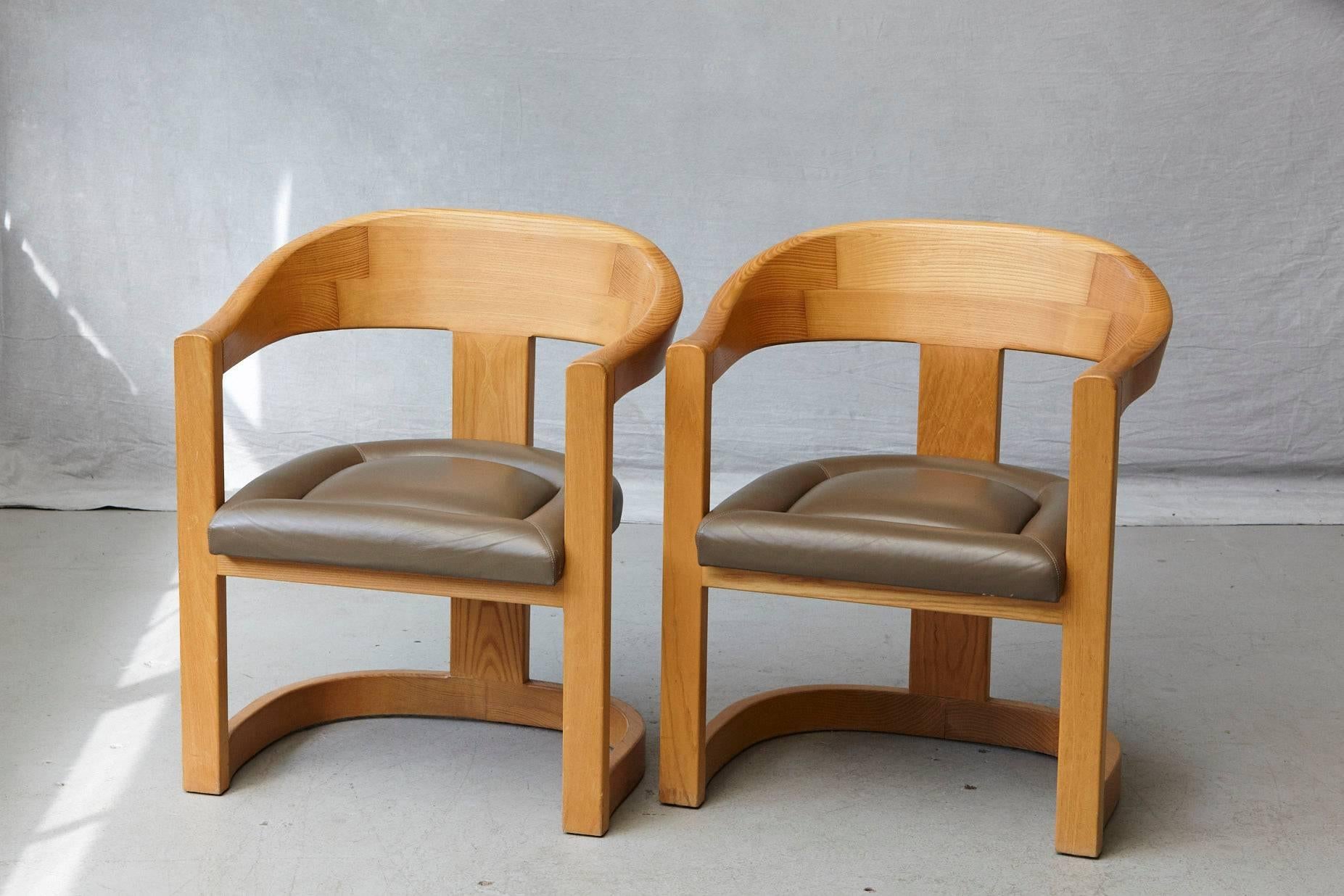 Set of Four Karl Springer Oak and Leather 'Onassis' Arm or Dining ...