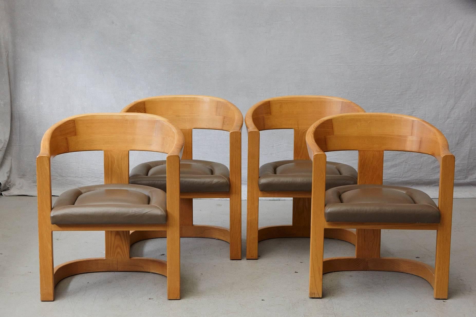 Set of Four Karl Springer Oak and Leather 'Onassis' Arm or Dining ...