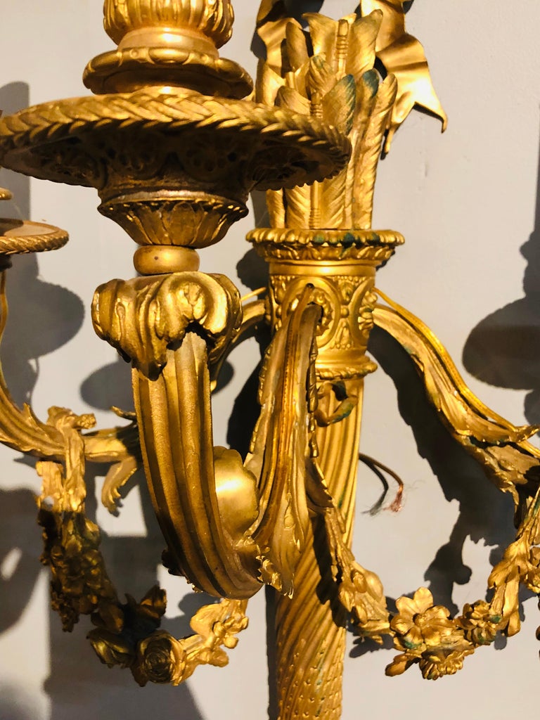 Set of Four Large Ornate Three-Light Torch and Ribbon Form Wall Sconces ...