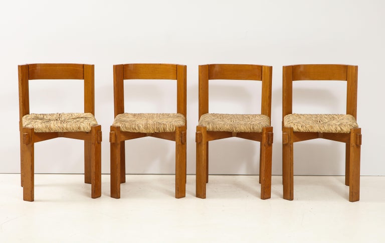 Set of Four Modernist Italian Oak and Straw Chairs at 1stDibs