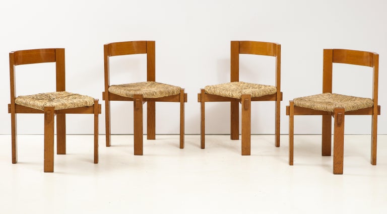 Set of Four Modernist Italian Oak and Straw Chairs at 1stDibs