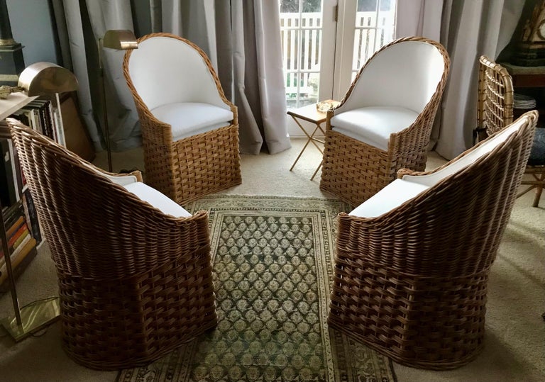Set of Four Natural Wicker Barrel Back Chairs For Sale at 1stDibs