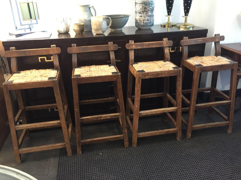 Set of Four Primitive Style Oak Bar Stools at 1stDibs