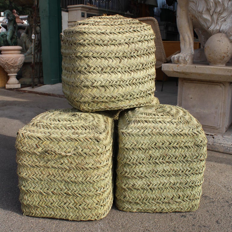 Set of Four Rattan Wicker Hand-Sewn Puffs at 1stDibs