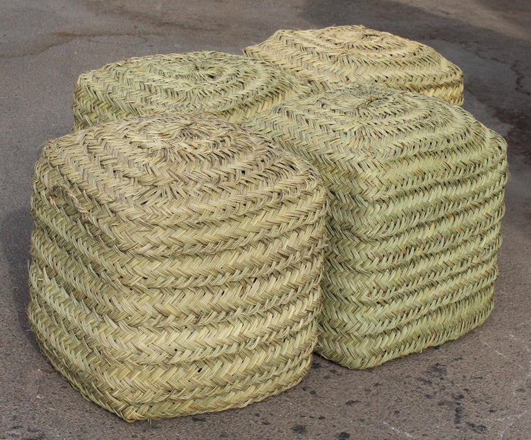 Set of Four Rattan Wicker Hand-Sewn Puffs at 1stDibs