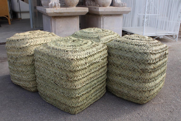 Set of Four Rattan Wicker Hand-Sewn Puffs at 1stDibs