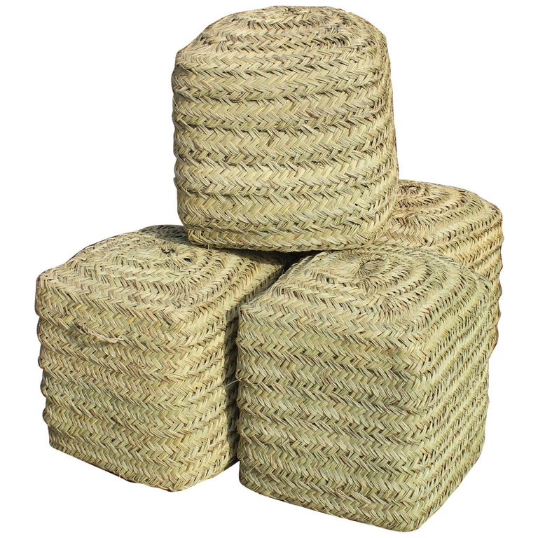 Set of Four Rattan Wicker Hand-Sewn Puffs at 1stDibs