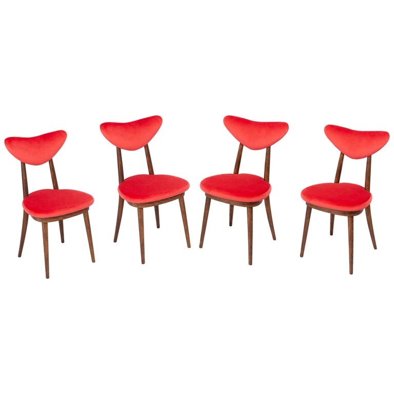 Set of Four Red Heart Chairs, Poland, 1960s For Sale at 1stDibs
