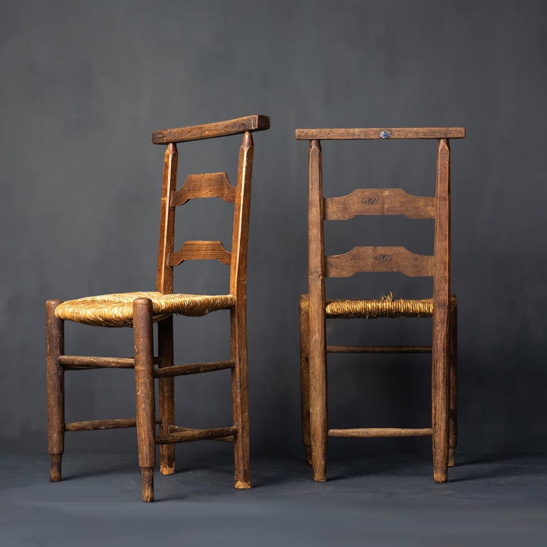 Set of Four Rustic French Rush Seat Chapel Chairs, Early 20th Century ...