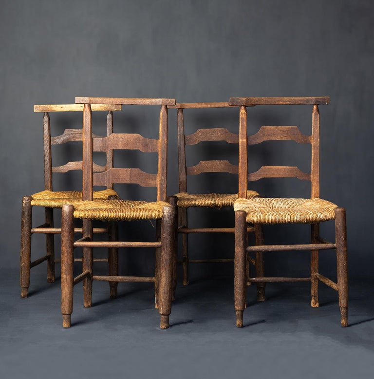 Set of Four Rustic French Rush Seat Chapel Chairs, Early 20th Century ...