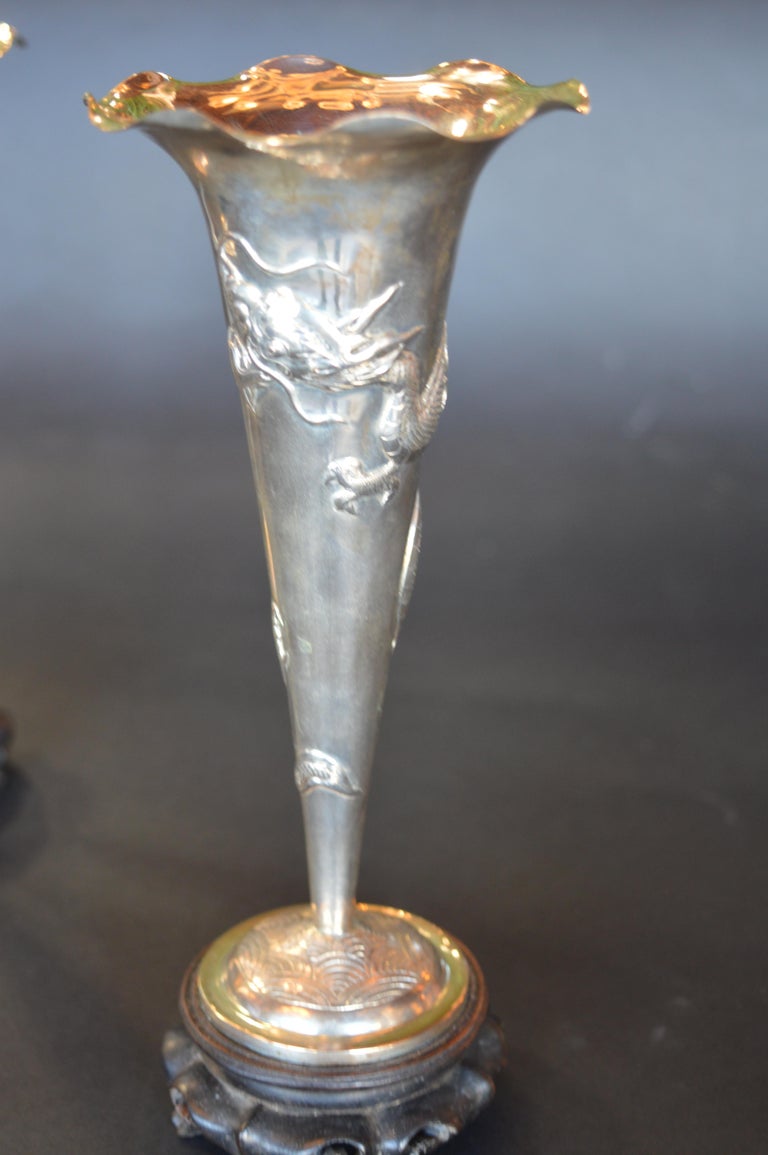 Set of Four Sterling Silver Chinese Vases For Sale at 1stDibs