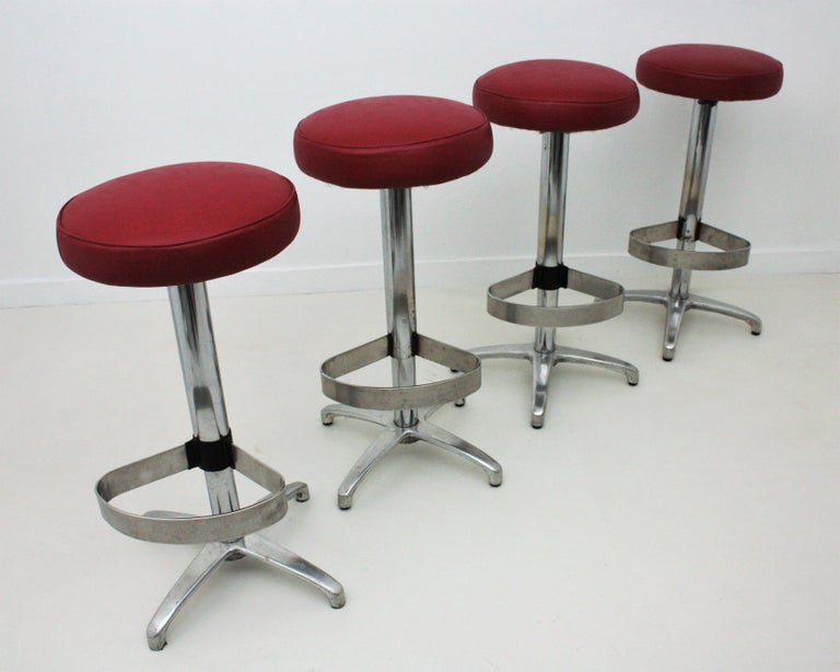 Set of Four Bar Stools in Red Leatherette and Metal For Sale at 1stDibs