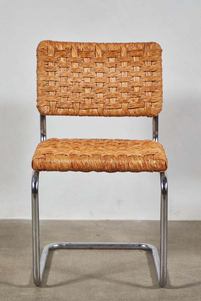 Set of Four Tubular Chrome Dining Chairs with Woven Back and Seat at ...