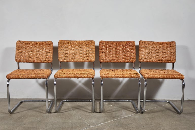 Set of Four Tubular Chrome Dining Chairs with Woven Back and Seat at ...