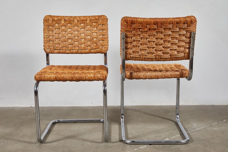 Set of Four Tubular Chrome Dining Chairs with Woven Back and Seat at ...