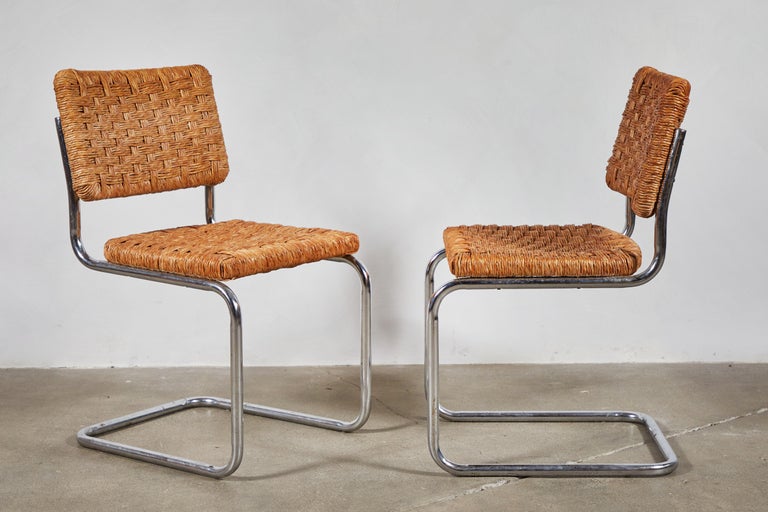 Set of Four Tubular Chrome Dining Chairs with Woven Back and Seat at ...