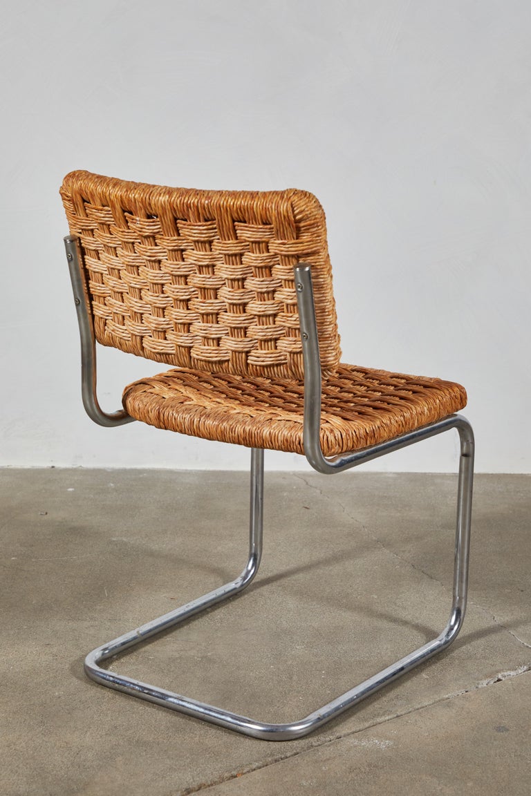 Set of Four Tubular Chrome Dining Chairs with Woven Back and Seat at ...