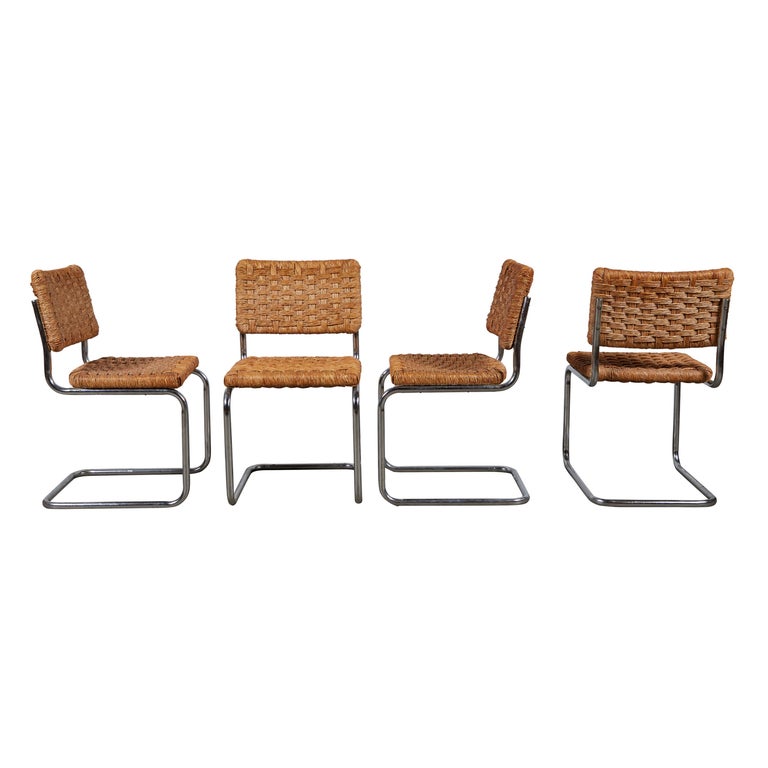 Set of Four Tubular Chrome Dining Chairs with Woven Back and Seat at ...