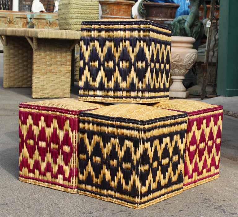 Set of Four, Two-Color Wicker Hand-Sewn Puffs at 1stDibs