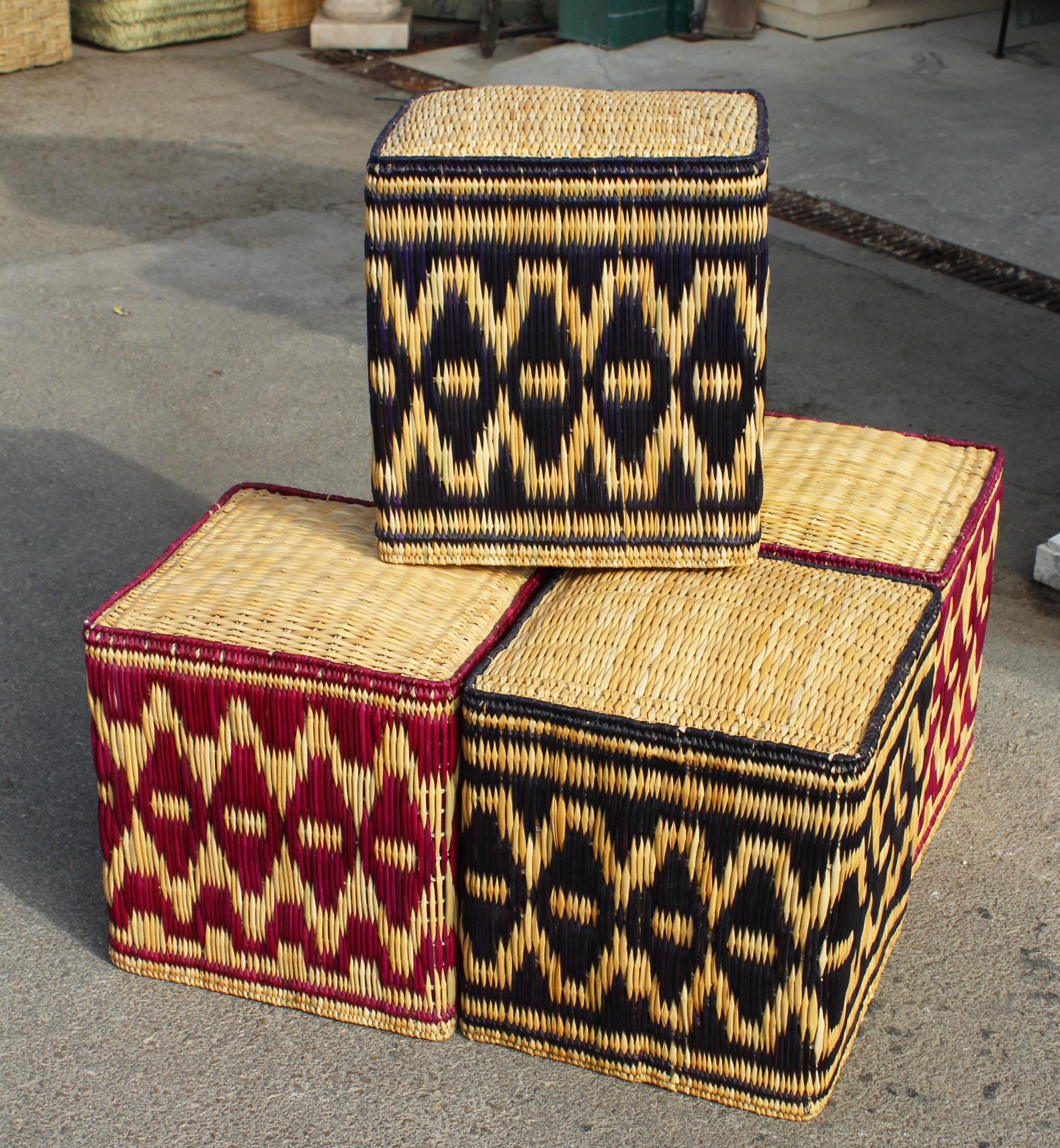 Set of Four, Two-Color Wicker Hand-Sewn Puffs at 1stDibs | wicker puff