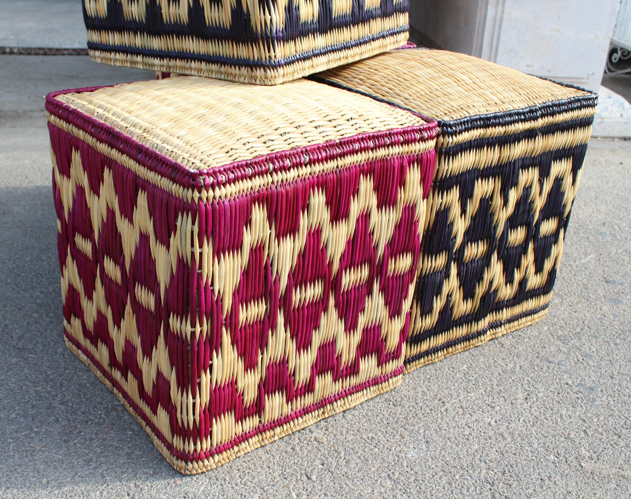 Set of Four, Two-Color Wicker Hand-Sewn Puffs at 1stDibs | wicker puff