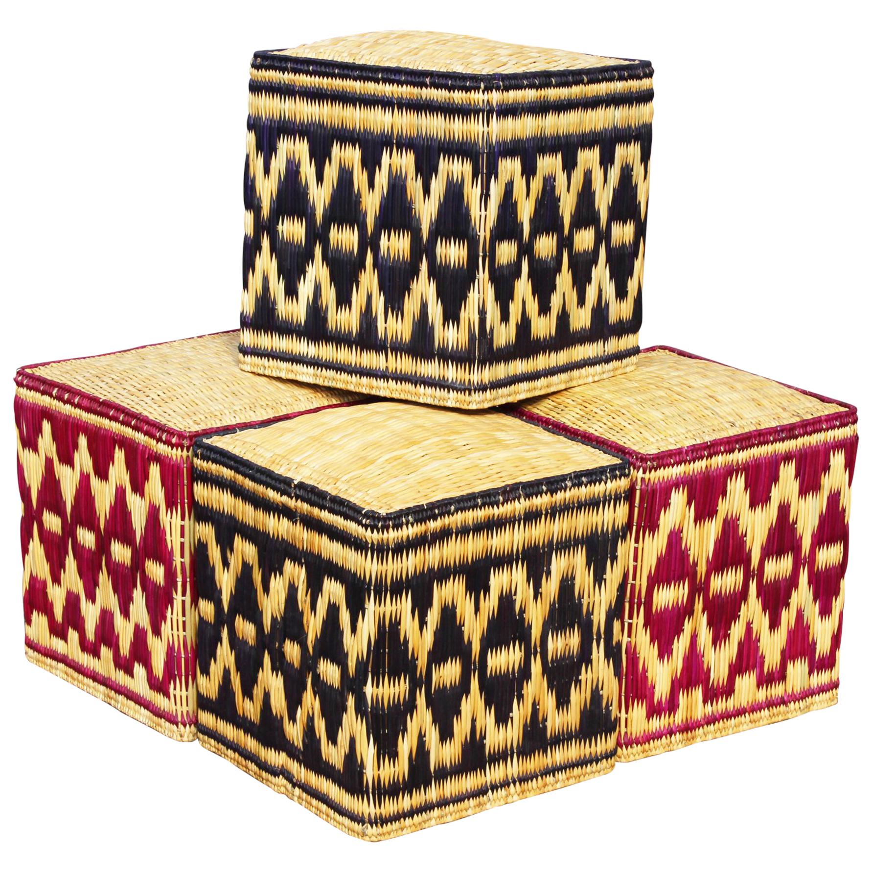 Set of Four, Two-Color Wicker Hand-Sewn Puffs at 1stDibs