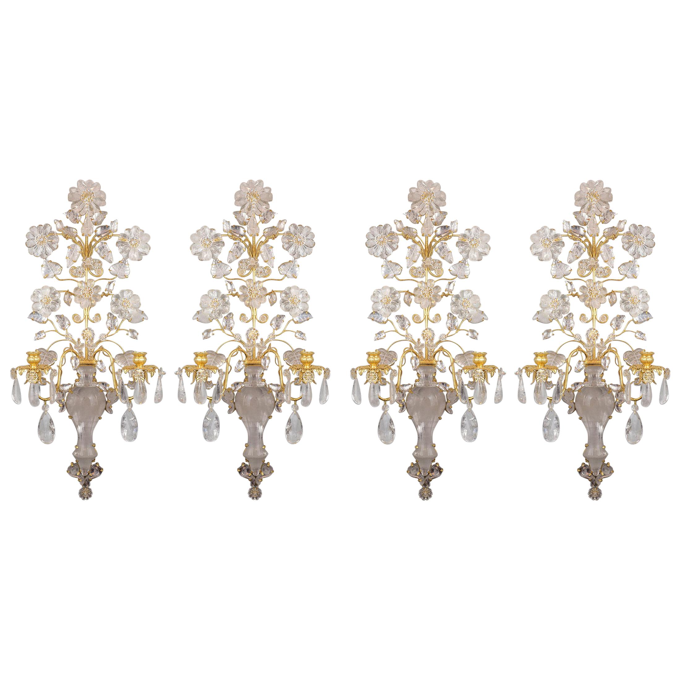 Set of Four Two-Light Gilt Metal Carved Rock Crystal Wall Sconce at 1stDibs