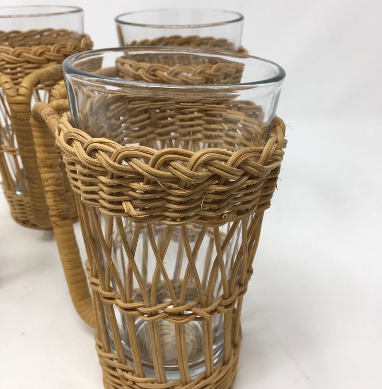 Set of Four Vintage Wicker Rattan Glass Holders with Tumblers at ...