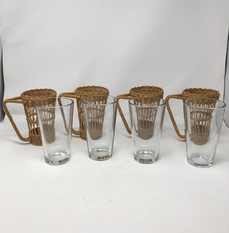 Set of Four Vintage Wicker Rattan Glass Holders with Tumblers at ...