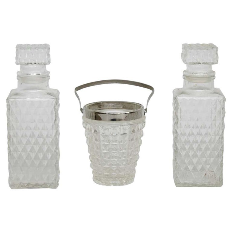 Set of Glass Whisky Bottles and Ice Bucket, circa 1950 For Sale at 1stDibs